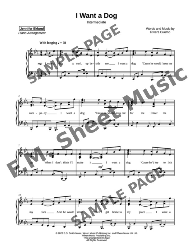 I Want a Dog (Intermediate Piano) By Weezer - F.M. Sheet Music - Pop Arrangements by Jennifer Eklund